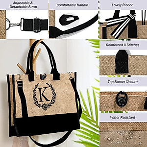 QLOVEA Bridemaides Gifts for Women, Initial Beach Jute Canvas Tote Bag with Strap and Inner Zipper Pocket, Reusable Grocery Bag, Personalized Birthday Wedding Gift for Mom, Friends, Nurse Letter L