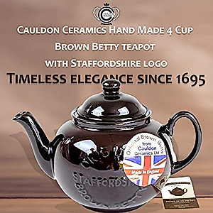 Cauldon Ceramics Classic Brown Betty Teapot | Hand Made 4 Cup Brown Betty Teapot with Logo | Made with Staffordshire Red Clay | Traditional Teapot | Authentic, Made in England Teapot | 36 fl oz