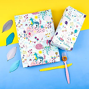 WRAPAHOLIC Birthday Wrapping Paper Roll - Unicorns and Celebration Banners Set for Party, Celebrating, Baby Shower Present Packing - 4 Rolls - 30 inch X 120 inch Per Roll