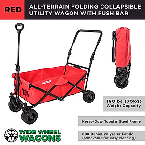 Red Wide Wheel Wagon All-Terrain Folding Collapsible Utility Wagon with Push Bar - Portable Rolling Heavy Duty 150 Lbs Capacity Canvas Fabric Cart Buggy - Beach, Garden, Sporting Events, Park, Picnic