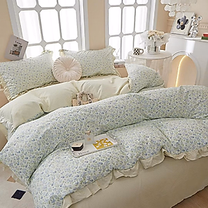 MKXI Princess Floral Comforter Set Ruffled Comforter Wildflowers Patern Full Size Cute Artistic Bedding Set Light Green Bed Comforter for Girls Blue Flowers Bedding Comforter Duvet Set