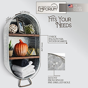 Creekview Home Emporium Rustic Shelf Galvanized Wash Tub Farmhouse Bathroom Wall Decor - 20 Inch Oval Galvanized Cubby Wall Unit with 2 Wood Shelves - Primitive Bathroom Decor with Towel Ring