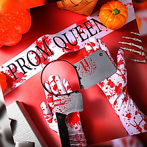 Jiuguva 4 Pcs Halloween Blood Prom Queen Costume Zombie Cosplay Accessory Set Including Knife Headband White Bloody Gloves Prom Queen Satin Sash for Women Girls Halloween Dress up Party Prop Supplies