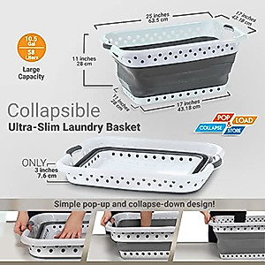 Pop & Load Collapse & Store 1 Large 25" Slim Collapsible Plastic Laundry Basket, Space Saving Portable Pop Up Storage & Organization Basket, 3" High When Folded, Dual Comfort Grip Handles, Grey