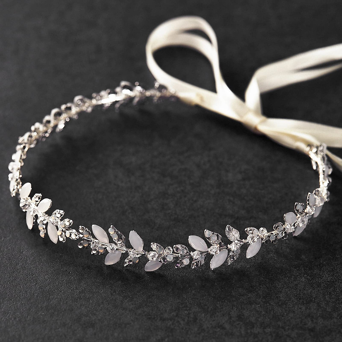 SWEETV Leaf Wedding Headband Crystal Opal Bridal Headpieces for Wedding Hair Accessories for Brides Hair Vine Silver