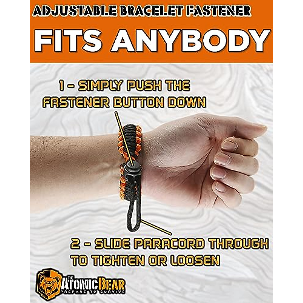 Atomic Bear Paracord Bracelet (2 Pack) - Adjustable - Fire Starter - Loud Whistle - Perfect for Hiking, Camping, Fishing and Hunting - Black & Black+Orange