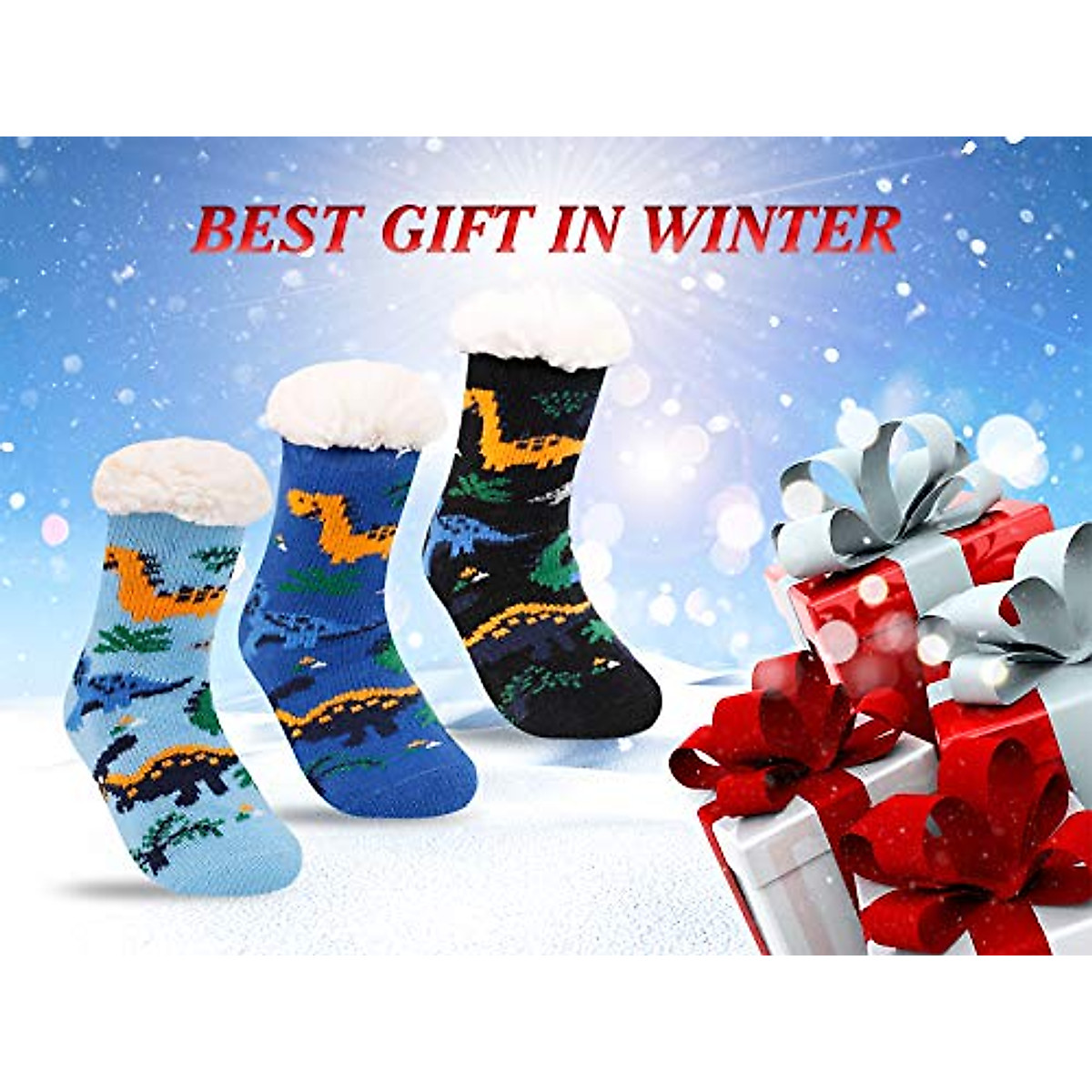 Winter Fuzzy Slipper Socks Kids Girls Boys Fluffy Sherpa Fleece Lined Holiday Christmas Cabin Thermal Warm Soft Cozy Toddler Gripper Non Skid Dinosaur, Stocking Stuffers for Children, Gift for Baby