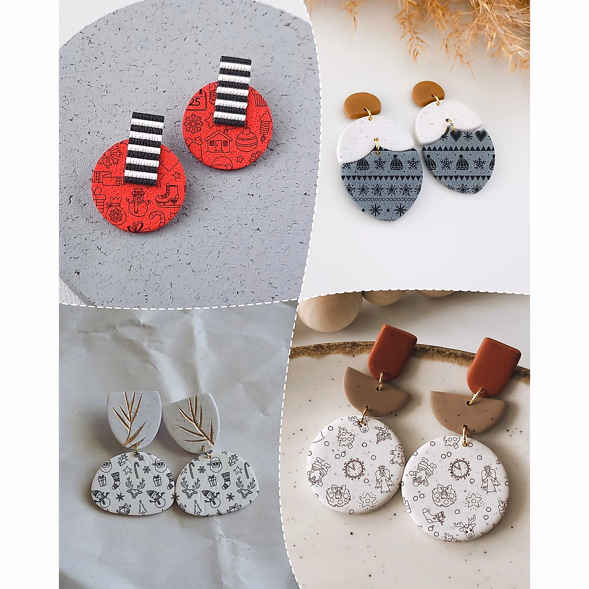 Puocaon Christmas Clay Silk Screen - 8 Pcs Sweater Silk Screen Stencils for Polymer Clay Jewelry, Deer Snowflake Holly Wreath Polymer Clay Silk Screen Stencils, Christmas Gift Reusable Screen Stencils