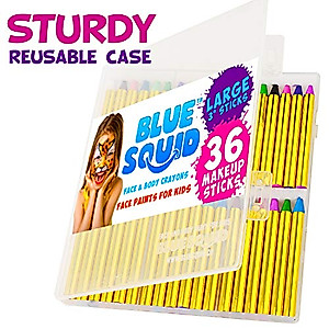 Face Paint Crayons for Kids, Blue Squid 36 Jumbo 3.25" Face & Body Painting Makeup Crayons, Safe for Sensitive Skin, 8 Metallic & 28 Classic Colors, Great for Birthdays & Halloween Makeup