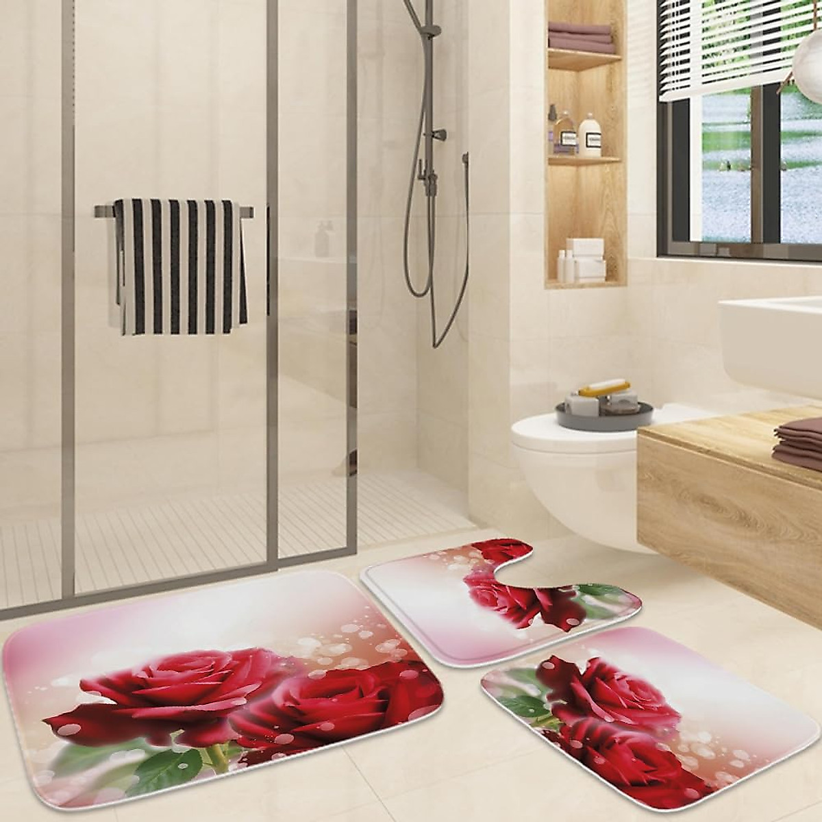 lczVEN Red Rose Bath Rugs, Imitation Cashmere Romantic Floral Glittering Bubble Bath Mat, Ultra Soft Non-Slip Bath Mats for Bathroom, 3Pcs Bathroom Rug Set