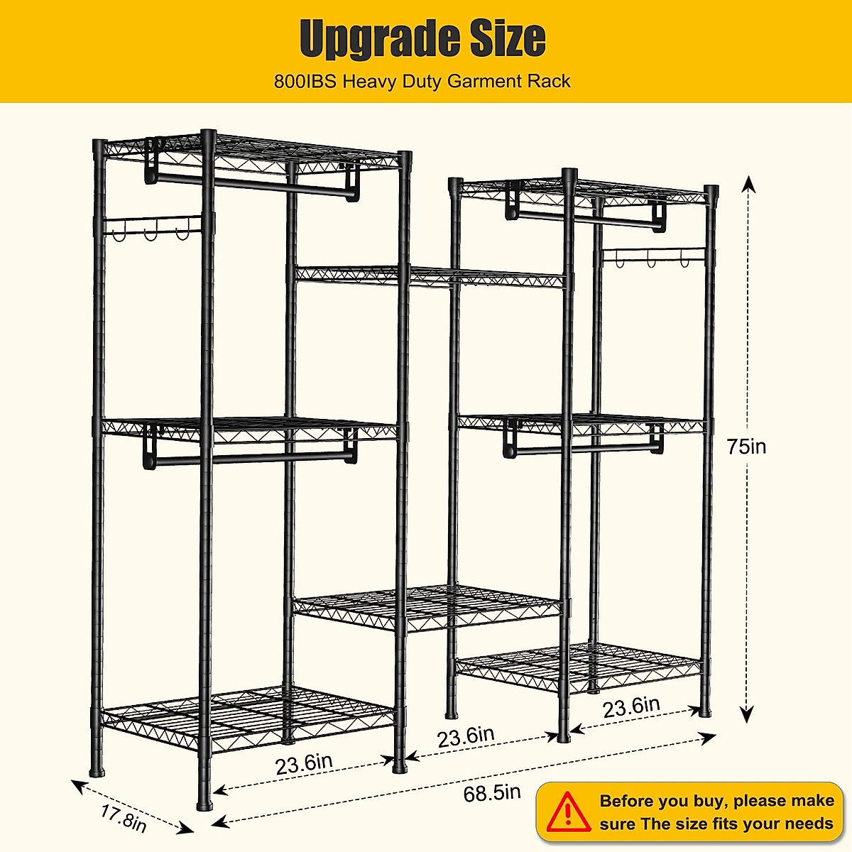 Hestiasko M3 Wire Garment Rack Heavy Duty Clothes Rack with 8 Tiers Adjustable Wire Shelving and 4 Hanging Rods/Freestanding Metal Wardrobe Closet Max Load 800lbs 68.5" L X 17.8" W X 75.0" H