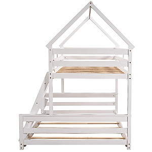 Merax Wood Bunk Bed with Ladder Twin Over Full,Montessori Low Bunk Bed for Boys, Girls Space-Saving,No Box Spring Needed White