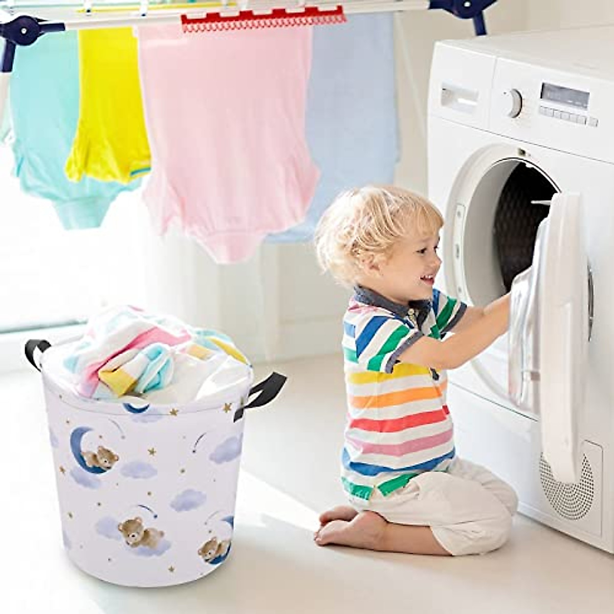 Cute Bear Pattern Waterproof Laundry Baskets Moon Stars Collapsible Laundry Hamper with Handles Large Round Toy Bin for Dirty Clothes,Kids Toys,Bedroom,Bathroom