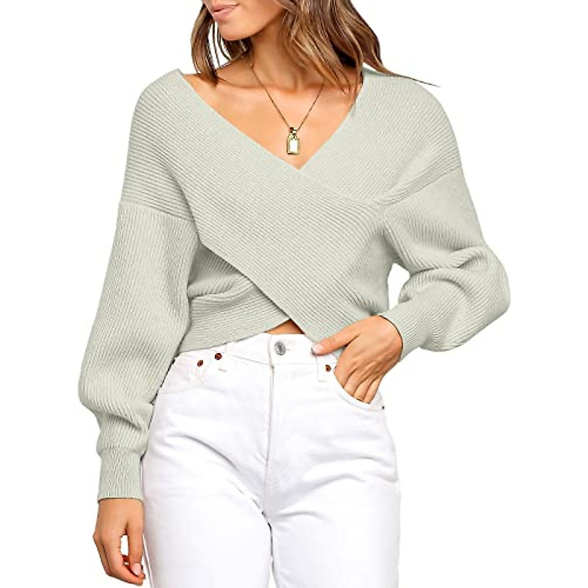 ANRABESS Women’s 2022 Fall Fashion Long Sleeve Off Shoulder Crissover V Neck Knit Cropped Sweater Top 641qianhui-S Gray