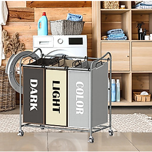 SimpleHouseware Heavy Duty 3-Bag Laundry Sorter Rolling Cart, Silver / Assorted Bags