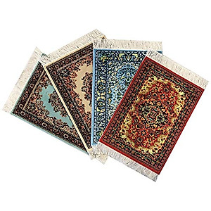 Carpet Coasters, Set of 4 Turkish Rug Style Table Drink mats, Absorbent Kitchen and Dining Accessories, Spill & drip Protection, Rectangular