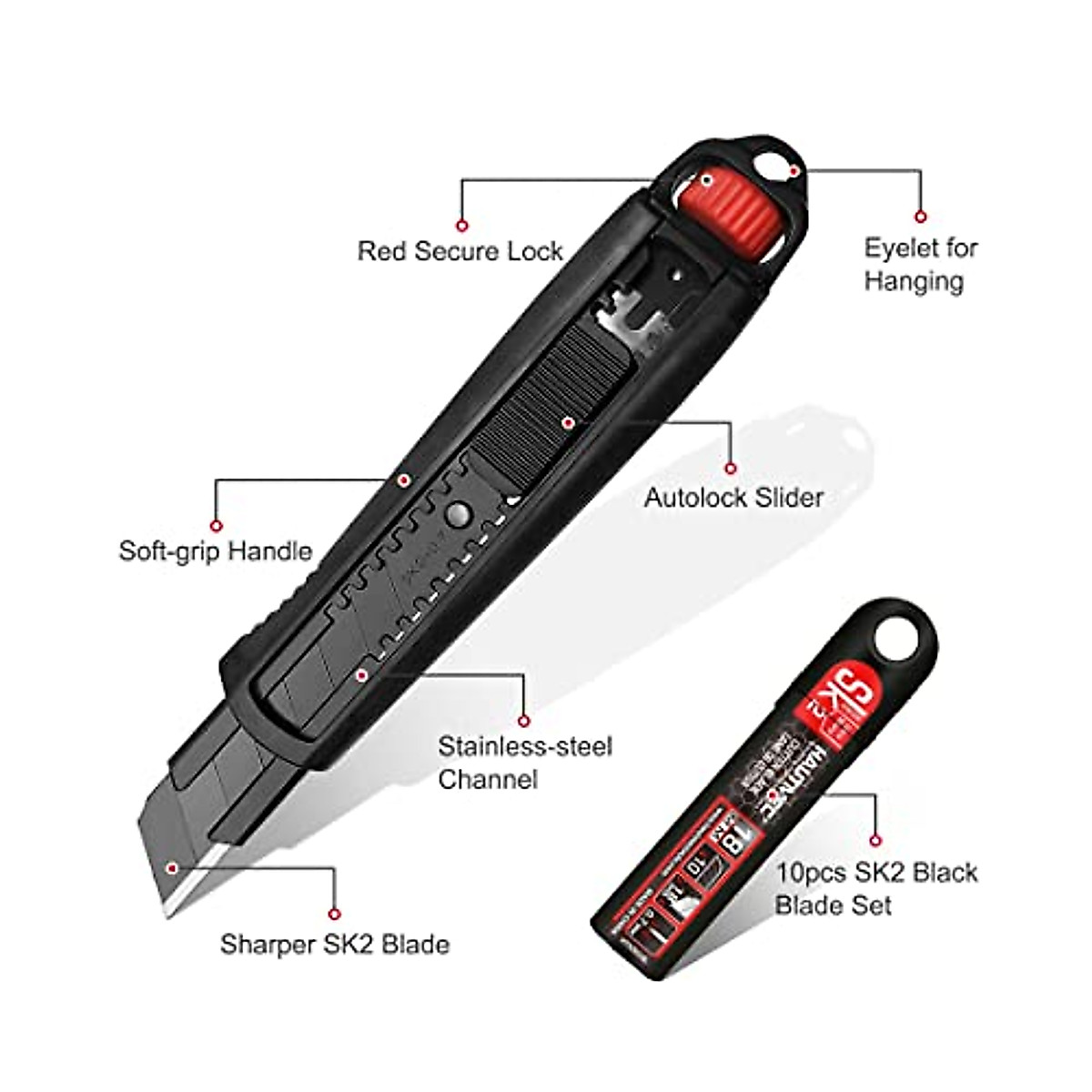 HAUTMEC 18mm Extra Heavy Duty Utility Knife with Double Lock Mechanism and 10pc Blade Set, Double Safety, SK2 Sharp Black Blade for Industrial or Construction Applications HT0153-KN