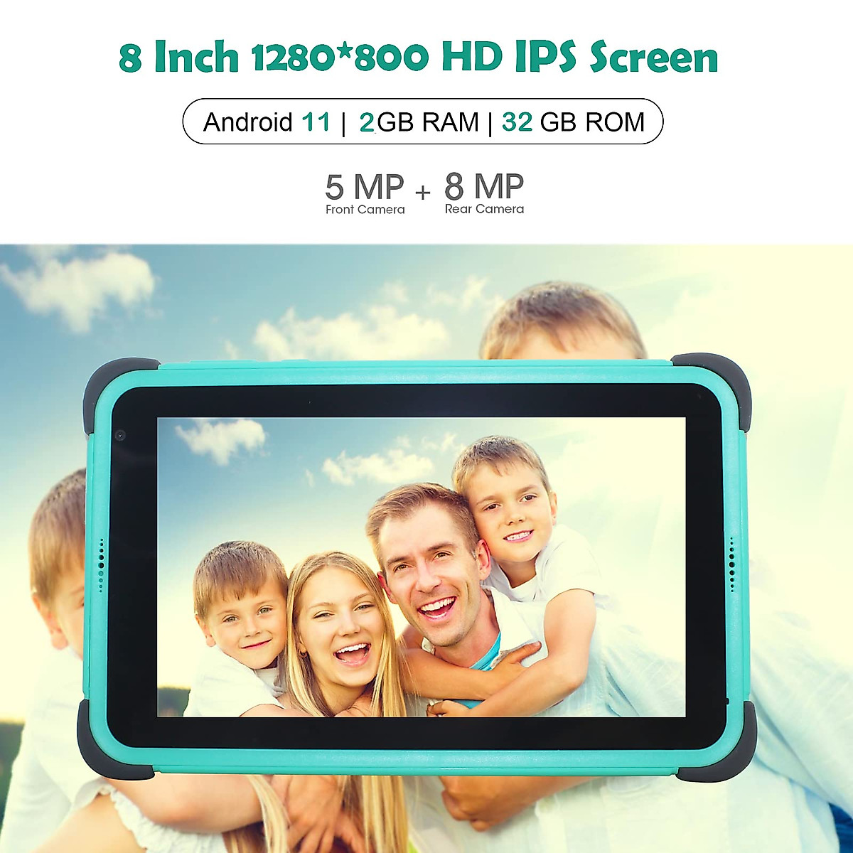 CWOWDEFU 8 inch Kids Tablet,Android Tablets for Kids,AX WiFi 6,32GB ROM TF 256GB,Child Tablet with Parental Control,Camera,Support YouTube Netflix for Boys Girls,with Kids-Tablet Case and Stand(Green)