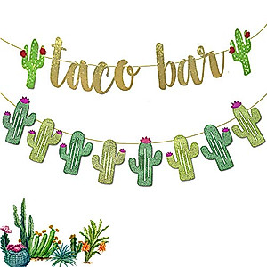 2 Set Fiesta Taco Bar Cactus Banner Garland, Gold Green Glittery Fiesta Banner for Mexican Fiesta Party Cinco De Mayo Decorations