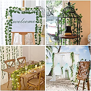 Fascidorm 5Pcs 35Ft Fake Vines for Bedroom with 12Pcs 3D Butterflies, Fake Ivy Vines for Room Decor with Fake Leaves, Artificial Greenery Ivy Garland for Wall Decor, Hanging Green Plant
