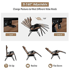 Tangkula Zero Gravity Chair, Folding Patio Lounge Chair Adjustable Outdoor Recliner with Cup Holder, Wide Armrest for Patio Garden Poolside Outdoor Yard Beach, Support 350 lbs (1, Light Brown)