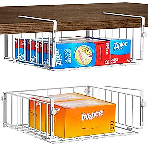 AmonHouseware 2 Pack Hanging Under Shelf Storage Basket,Adjustable Under Cabinet Add-on Storage Racks Slide-in Baskets Organizer for Laundry Room Kitchen Pantry Desk Bookshelf, White
