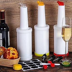 Ruisita 6 Pack Fruit Juice and Liquor Pour Bottles Bar Juice Containers Plastic Pour Bottles with Stainless Steel Bottle Pourer Tapered Spout for Liquor Juice Store (34 Ounces, Multicolor)