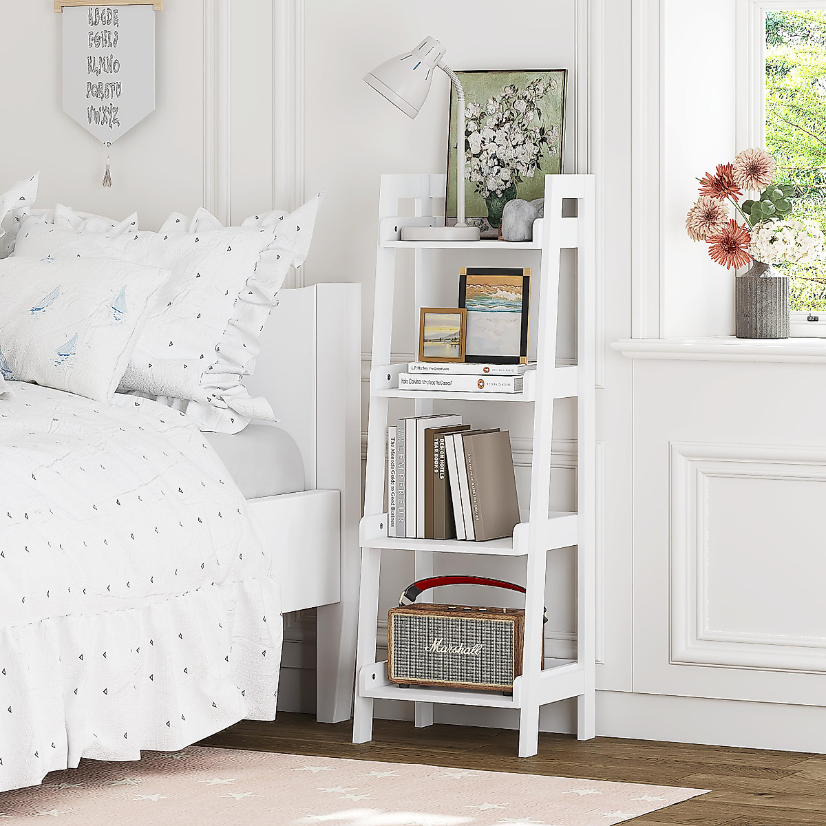 UTEX 4-Tier Ladder Shelf, Bathroom Shelf Freestanding, 4-Shelf Spacesaver Open Wood Shelving Unit, Ladder Shelf (White)