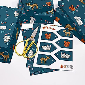 CENTRAL 23 Woodland Creatures Wrapping Paper - Blue Wrapping Paper - 6 Sheets Gift Wrap For Boys And Girls - Animals Deer Mushroom - Comes With Stickers