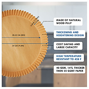 MUSCAN Air Fryer Liners 100 Pcs 8 Inches Round with Wooden Tong Disposable Large Oil Resistant, Waterproof, Unbleached Parchment Paper, Air Fryer Accessories for Air Frying, Baking, Roasting Microwave