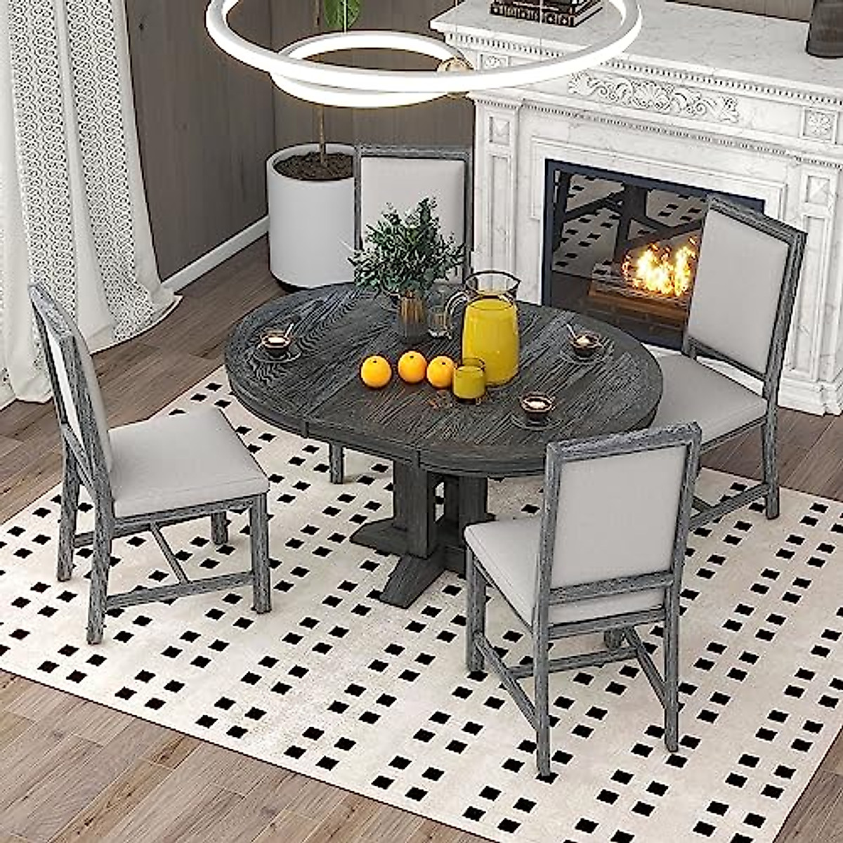 Round Dining Table & Chair Set, Extendable Leaf Wood Dining Table Round to Oval and 4 Upholstered Dining Chairs, 5-Piece Farmhouse Wooden Dining Set, Compact Table Set for Small Kitchen Room, Black