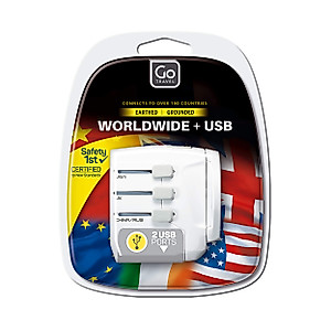 Worldwide Adapter + USB, Universal Earthed Travel Adapter with Twin USB Ports, for Small Electrical Devices, Travel Essentials