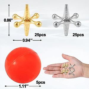 Biubee 5 Sets Retro Metal Jacks and Ball Game- 50 Pcs Gold and Silver Toned Jacks with 5 Red Rubber Bouncy Balls, Classic Game of Jacks for Party Favor, Game Prizes, Kids and Adult of All Ages
