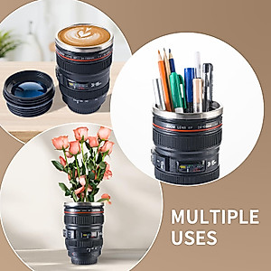 Newvenper Camera Lens Coffee Mug, 304 Stainless Steel Lens Insulated Travel Coffee Mug, BPA Free, Leak Proof, with 2 Lids, for Hot and Cold Drinking Coffee, Tea and Beer, 13.5floz