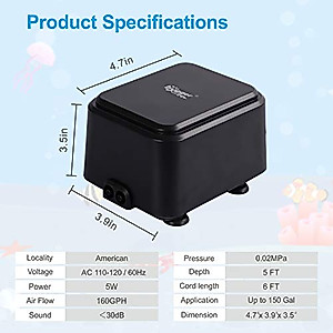 hygger Small Quietest Aquarium Air Pump, Adjustable Oxygen Pump 2 Air Outlets Ultra Silent Powerful Aerator Pump 160GPH 5W