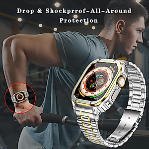 MioHHR Stainless Steel Watch Band with Case Compatible with Apple Watch Ultra 2 1(49mm),Rugged Strap with Metal Protective Bumper Cover for iWatch Band Men(Silver/Gold)