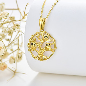 ELFRONT Owl Necklaces 14K Yellow Gold Owl 14kt Gold Owl Tree of Life Jewelry Gifts for Women