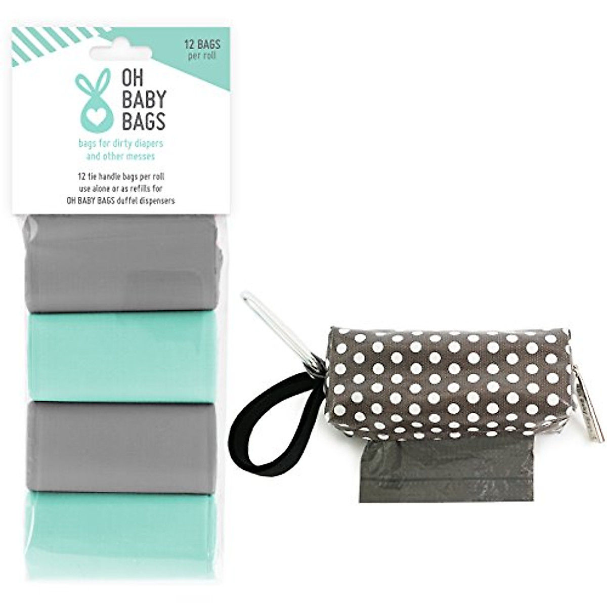 Oh Baby Bags Diaper Bag Clip-On Dispenser with Disposable Bags for Dirty Diapers - Bags Made of Recycled Plastic - Gray Dot Duffle Plus 96 Gray and Seafoam Bags