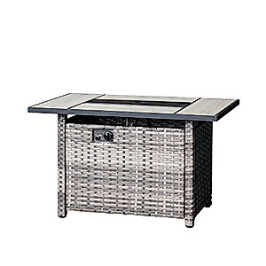 OVIOS Fire Pits 42 Inch Outdoor Gas Fire Pit Table, 50,000 BTU Steel Fire Pit with Lid and Volcanic Rock Wicker Rattan Patio Coffee Table for Backyard Deck Balcony (Grey-Large Rectangle)