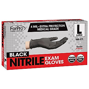 ForPro Disposable Nitrile Exam Gloves, Medical Grade, 4 Mil Extra Protection, Powder-Free, Latex-Free, Non-Sterile, Food Safe, Black, Large, 100-Count