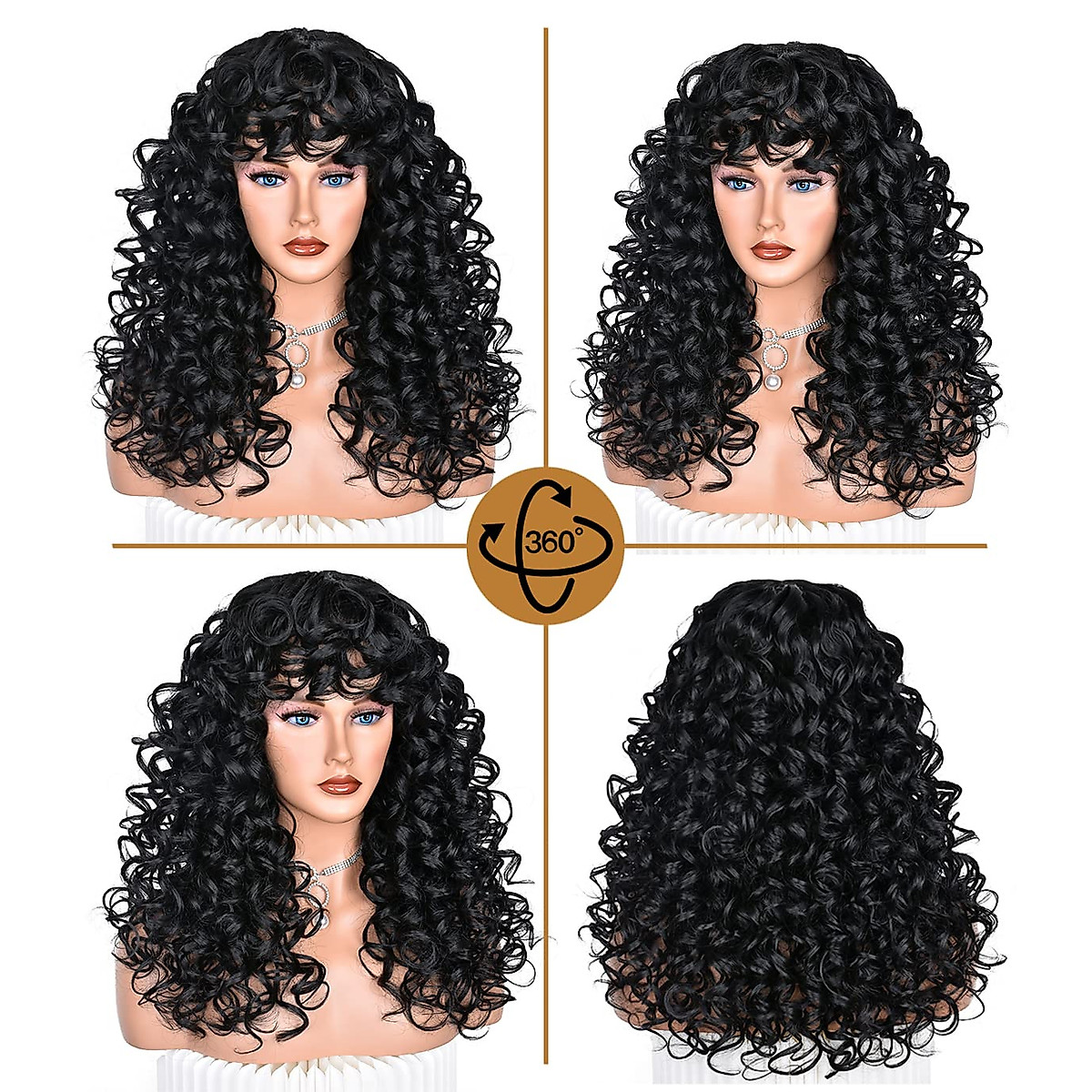 ANNIVIA-X Curly Wigs for Women Black Long Curly Afro Wig with Bangs Big Loose Cute Kinky Curly Hair Synthetic Wig for Daily Use Party Hallowmas Cosplay （Black 17 inch）