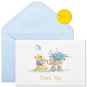 Crisky Baby Shower Blue Gold Foil Thank You Cards with Envelopes 50 Pack Greeting Notes Bulk (Cute Bear with Baby Carriage)