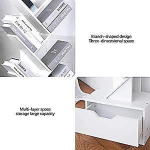 Tree Bookshelf with Wooden Drawer, 10-Tier Open Shelf Narrow Bookcase, Unique Vertical Spine Bookshelf Small Spaces, Book Shelf with Drawers Storage Organizer Shelves for Living Room, Bedroom, Library