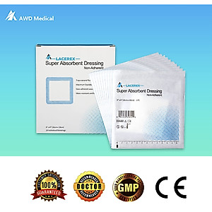 AWD Super Absorbent Wound Dressing Pad, Non Adhesive Dressing for Pressure Ulcers, 1st and 2nd Degree Burns, Gentle on The Skin, Absorbs 20 Times Its Weight, (10/Bx)