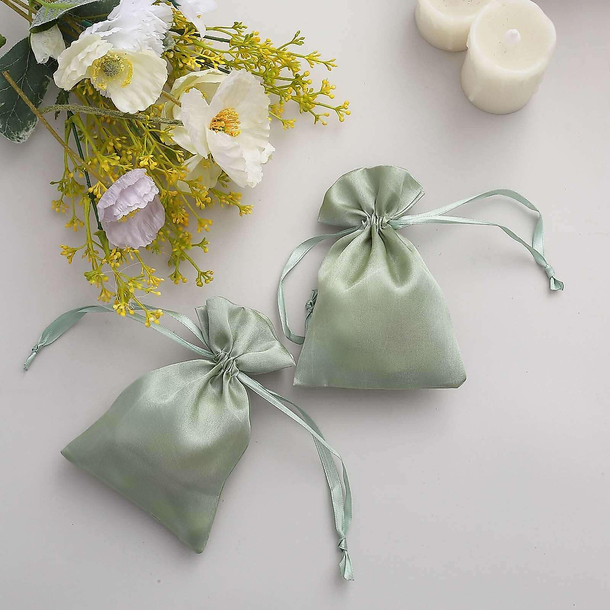 Efavormart 12PCS Sage Green Satin Gift Bag Drawstring Pouch Wedding Favors Bridal Shower Candy Jewelry Bags - 4"x 6"