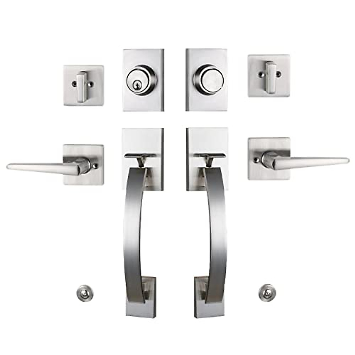 NEWBANG Silver Double Doors Handle Lock Set for Front & Entry Door - Satin Nickel Finish,MDHST2017SN-SET-BR