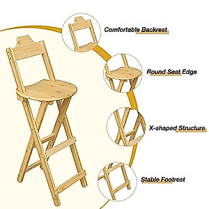 affeivul Folding Bar Stool,Foldable Bar Stools Counter Height,Folding Bamboo Bar Stool with Backrest and Footrest,Collapsible Bar Chairs with Backrest,Portable Folding Stool Tall Bar Stools