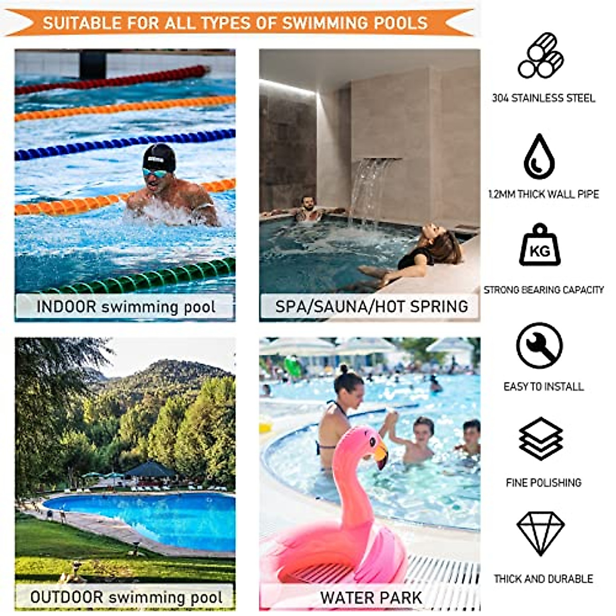 Pools Handrails Stairs Railing - Complete Kit ，304 Stainless Steel Swimming Pool Safey Handrail for Inground Pool Entrances Outdoor Spa Garden Backyard