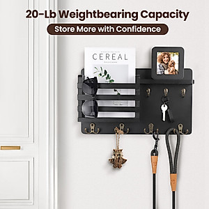 Nekon Mail Holder for Wall Mail Organizer with Key Hooks Hallway Farmhouse Decor Letter Sorter Made of Natural Pine with Floating Shelf and Flush Mount Hardware (16.8Inch x 10Inch x 3.2Inch) (Black)