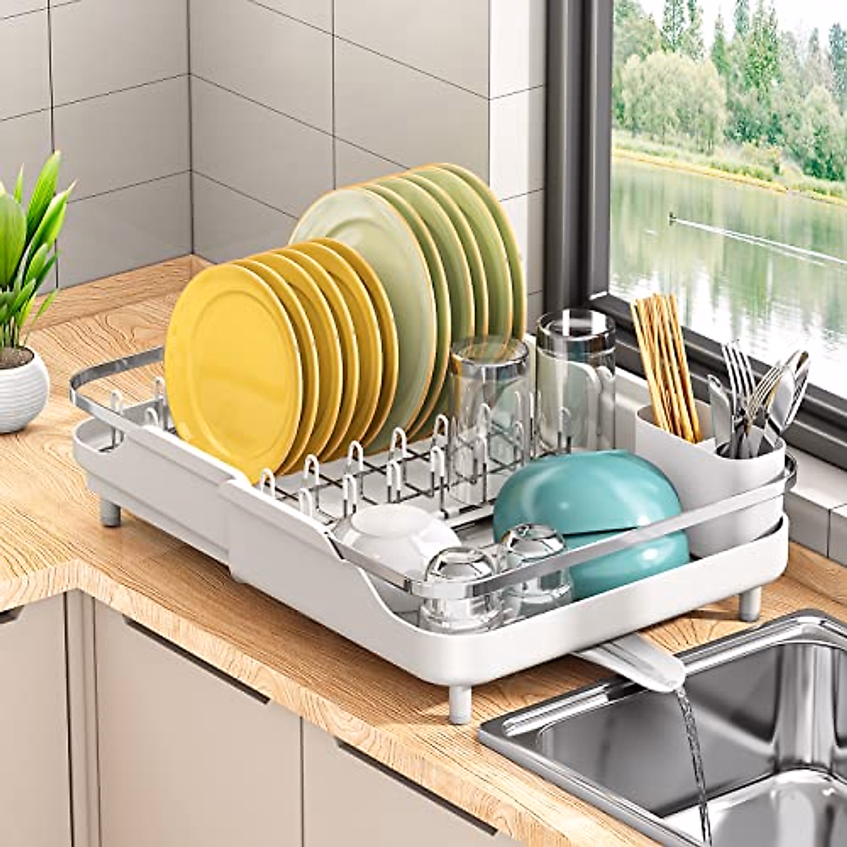 PXRACK Dish Drying Rack,Expandable(11.5"-19.3") Dish Racks for Kitchen Counter, Dish Rack and Drainboard Set, Dish Drainer with Utensil Holder for Kitchen Sink Organization Storage
